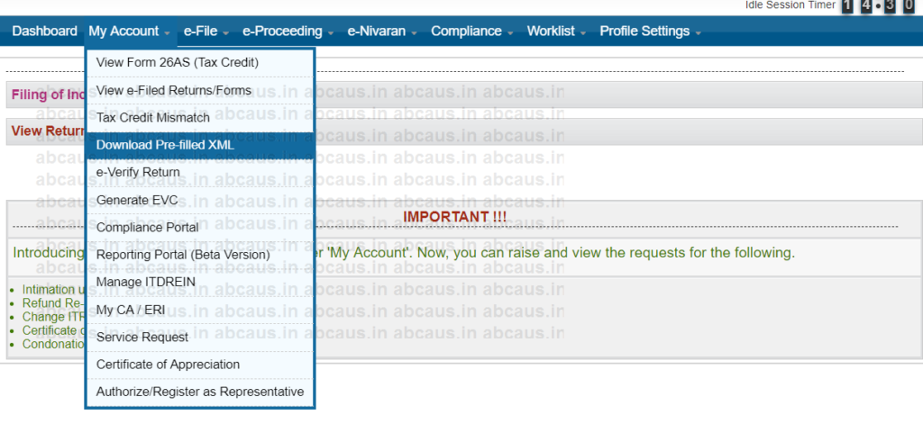 Pre-filled XML of ITRs 1, 2, 3 and 4 AY 2019-20 Download procedure