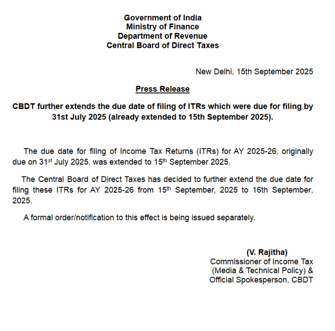 CBDT extended of due date filing audit reports to 31.10.2025